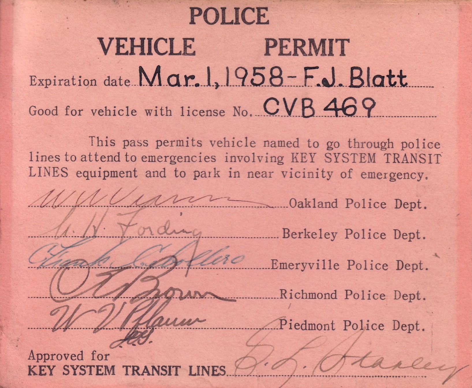 Key Route System - My Grandpa Blatt's Police Vehicle Permit Allowing ...